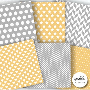 Yellow and Gray Digital Paper Pack Scrapbook Paper Grey | Etsy