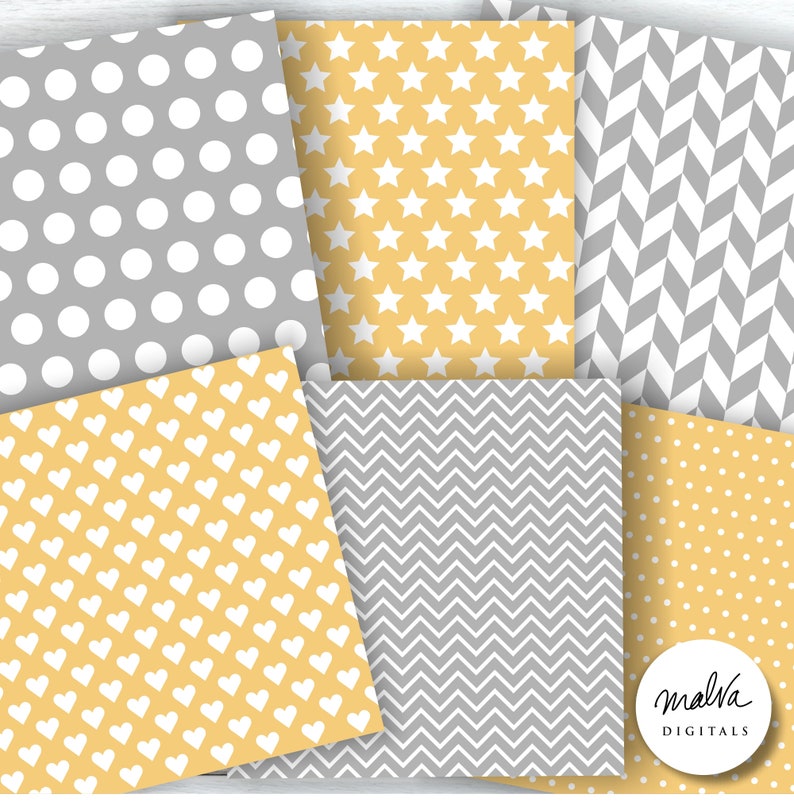 Yellow and Gray Digital Paper Pack Scrapbook Paper Grey | Etsy