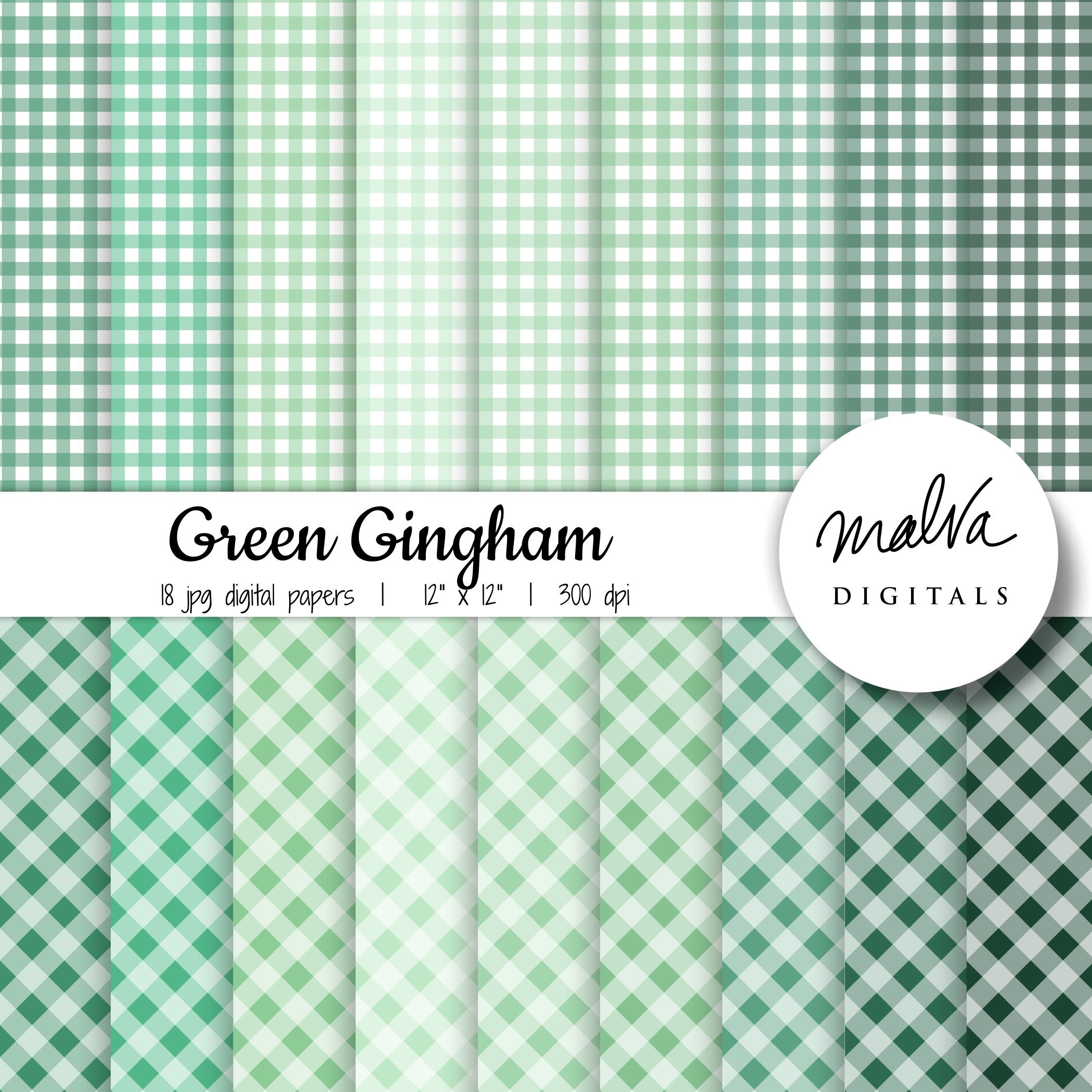 Green Gingham Digital Paper Pack, Shades of Green Plaid Digital ...