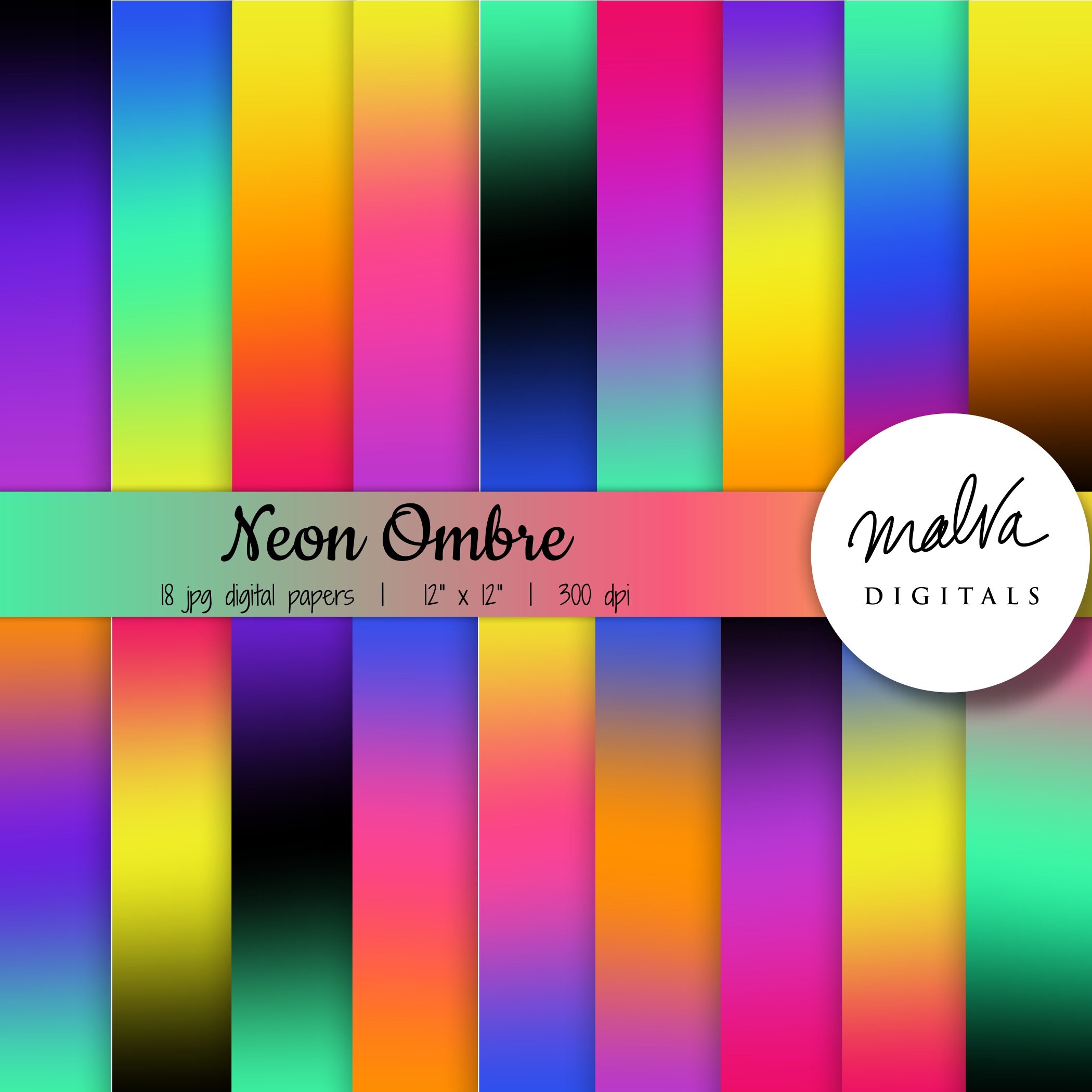 Neon Gradient Digital Paper Pack, Digital Background, Ombre Paper ...