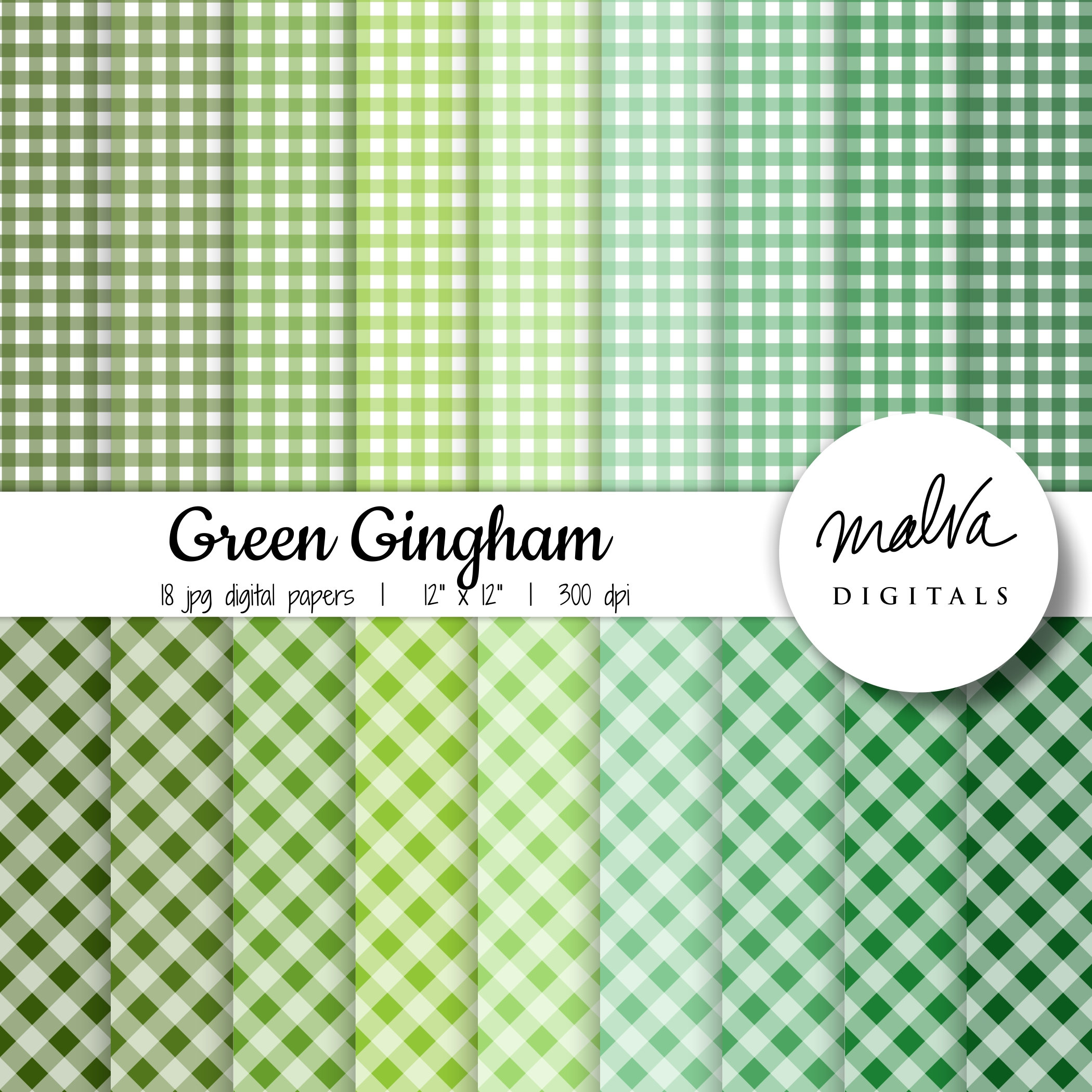 Green Gingham Digital Paper Pack, Shades of Green Plaid Digital ...