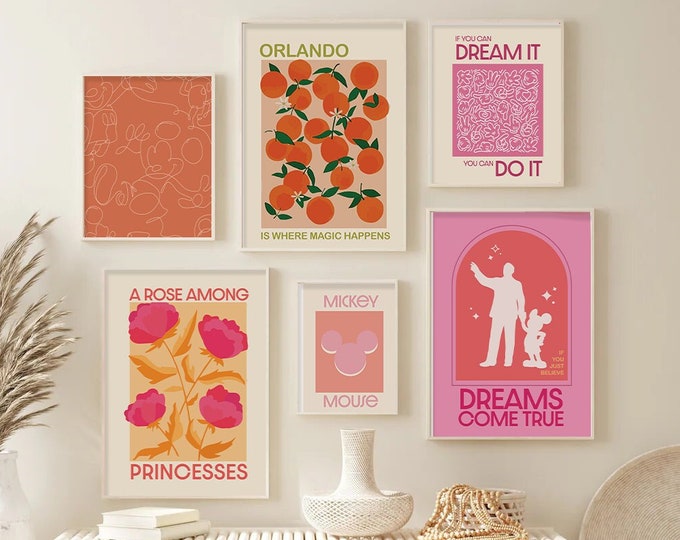 Mickey Magic Retro Art Bundle, Set of 6, Princess Boho Wall Art, Mickey ...