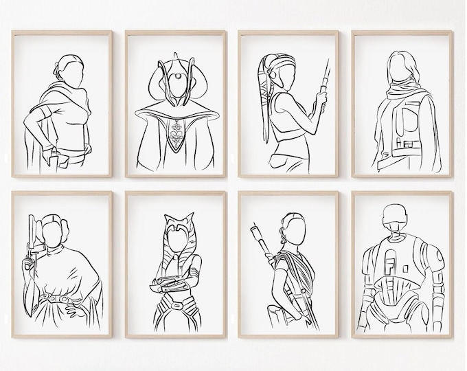 Women of Star Wars Line Art Set of 8, Minimalist Wall Art Nursery Decor ...