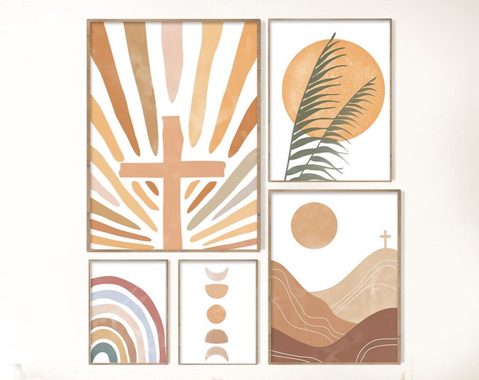 Christian Boho Abstract Set of 5 Print, Printable Faith Wall Art, Boho ...