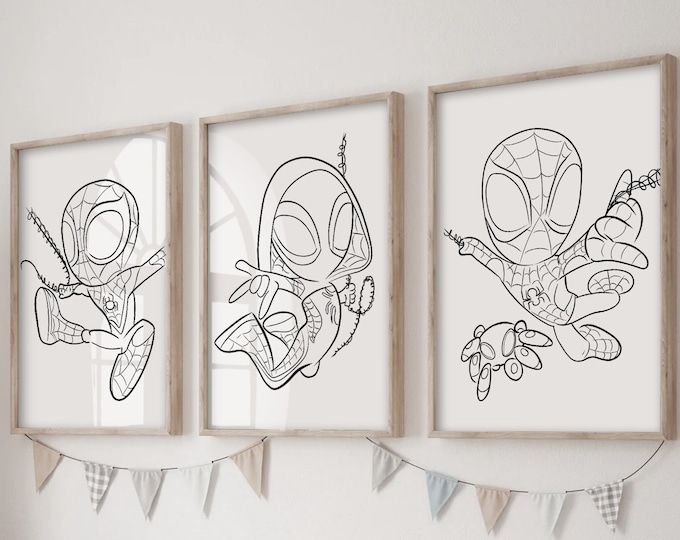 Spidey and Friends Line Art Set of 3 Prints, Spiderman Nursery Art ...