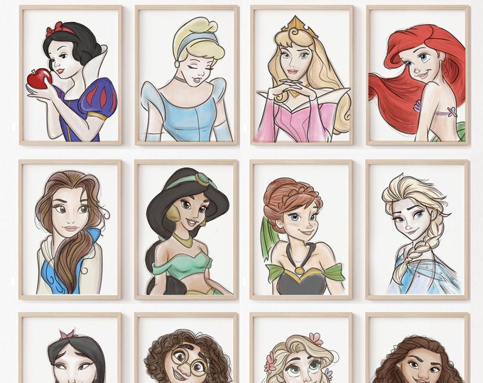 Watercolor Princess Art Print Set of 12, White Background Nursery Art ...