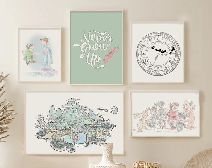 Peter Pan Nursery Art Prints, Set of 5, Printable Neverland Map ...