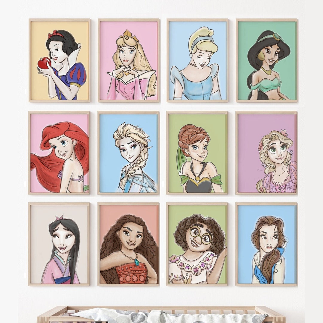 Watercolor Princess Art Print Set of 12, Color Background Nursery Art ...