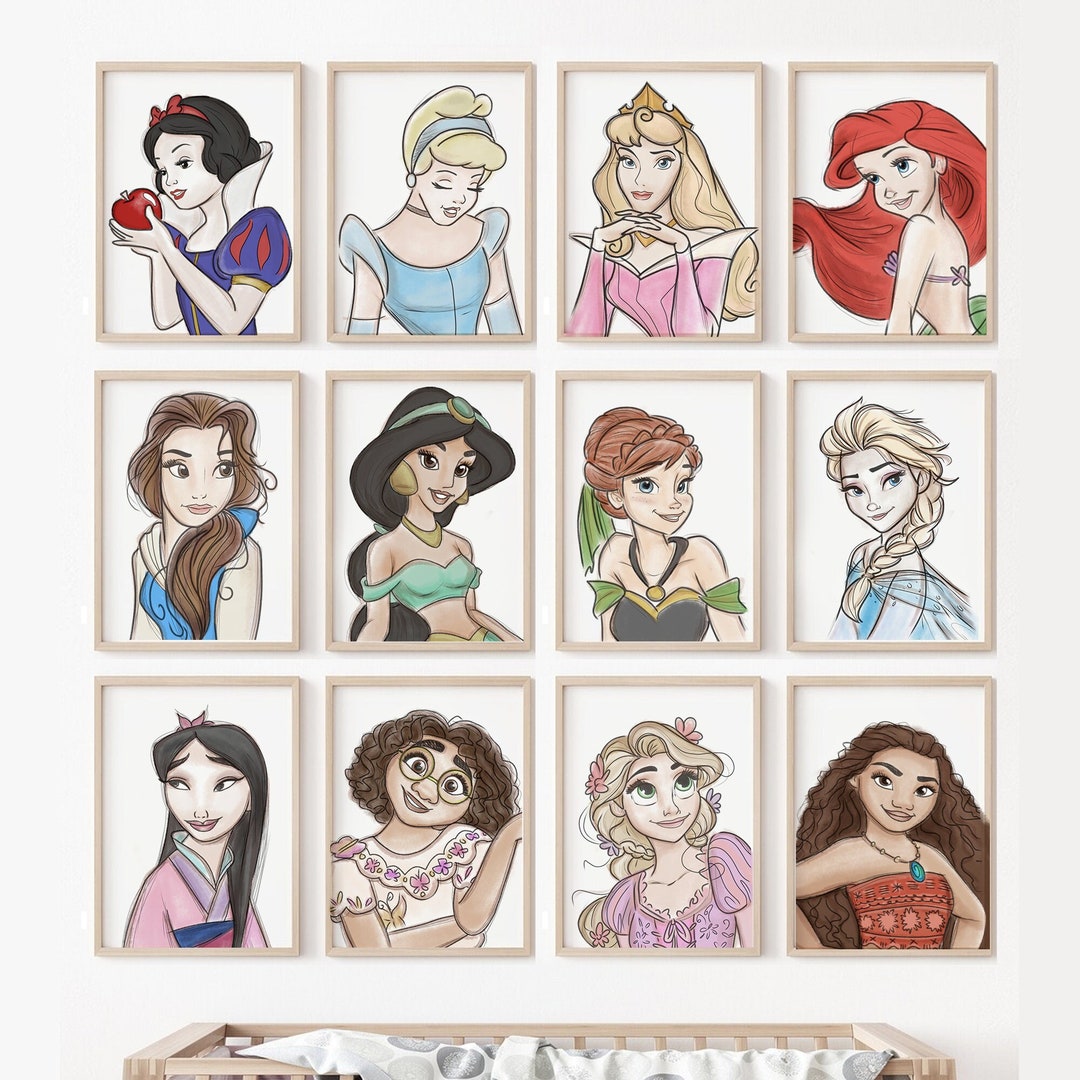 Watercolor Princess Art Print Set of 12, White Background Nursery Art ...