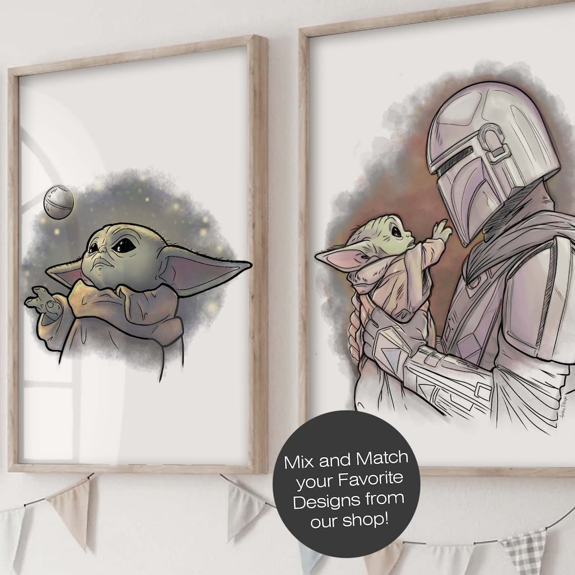 Star Wars Baby Yoda and Mandalorian Beige Wall Art Star Wars - Etsy