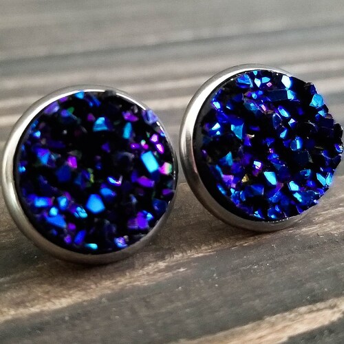 Dark Blue Druzy Earrings 12mm Hypoallergenic Stone Stud - Etsy