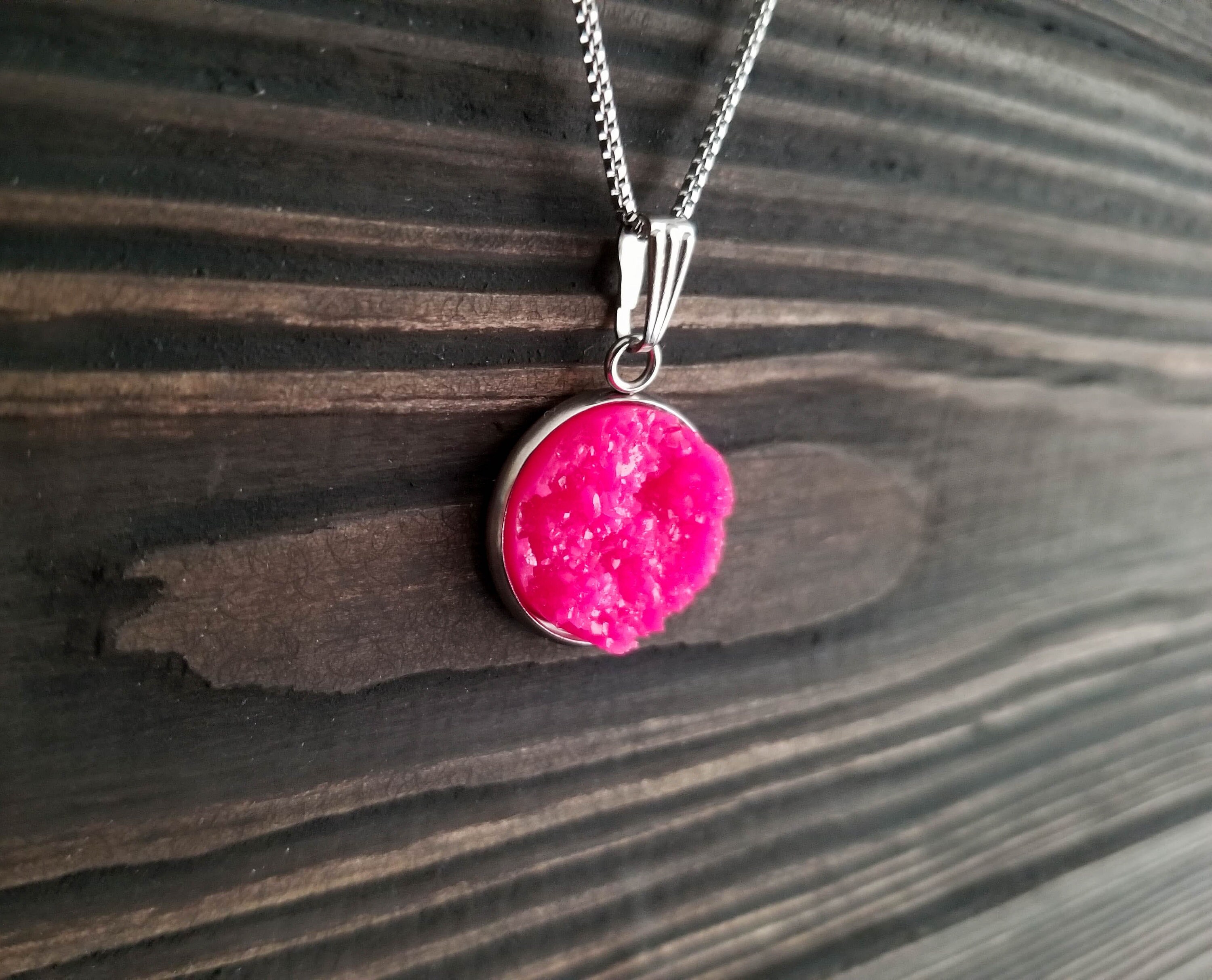Neon Pink Titanium Druzy Necklace (16mm) | Layering Crystal Necklace ...