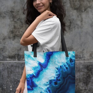 Blue Marble Pattern Tote Bag | Durable Eco Market AOP Shoulder Bag ...