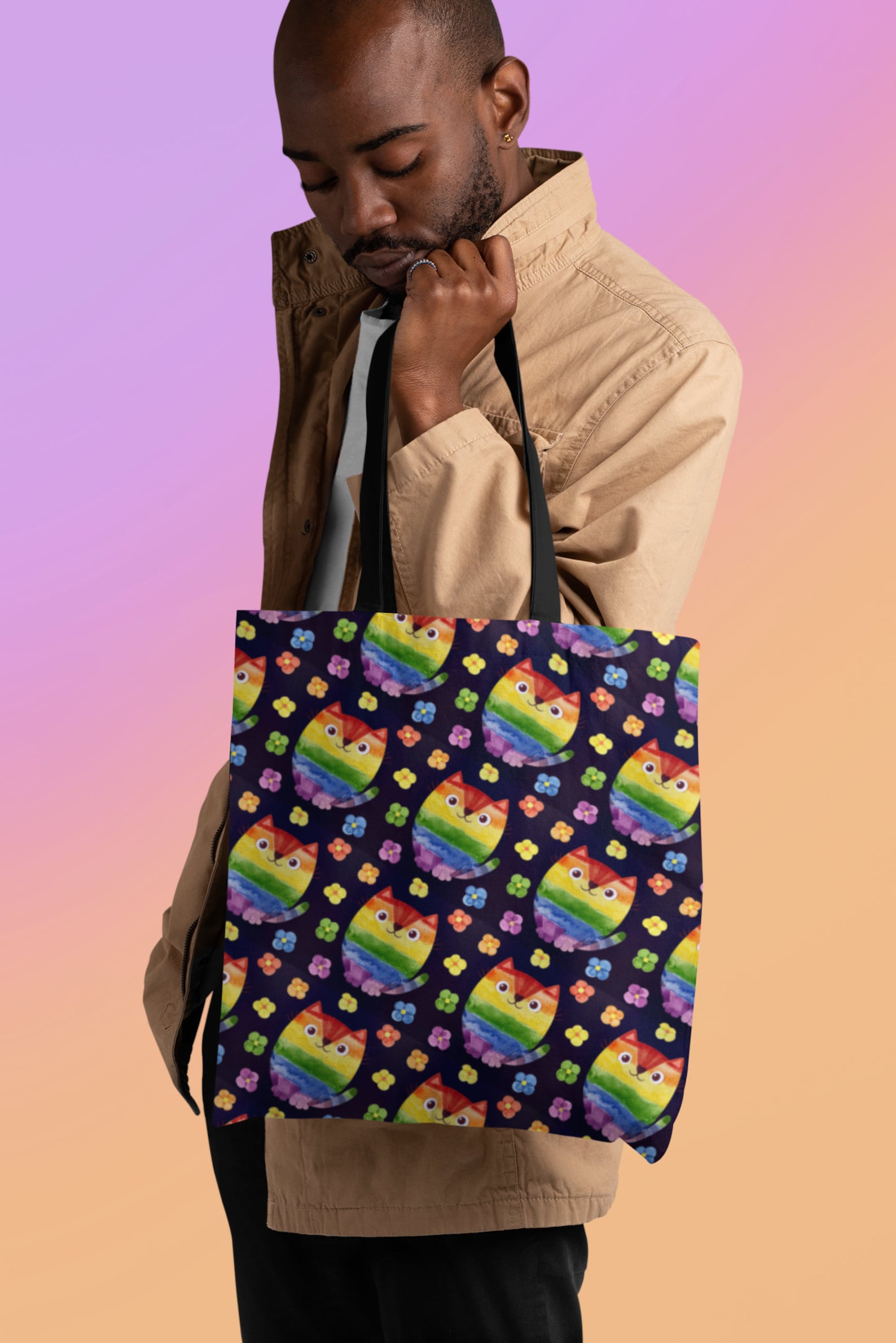 Rainbow Pride Cat Tote Bag | LGBTQ+ Polyester Market Bag - Etsy