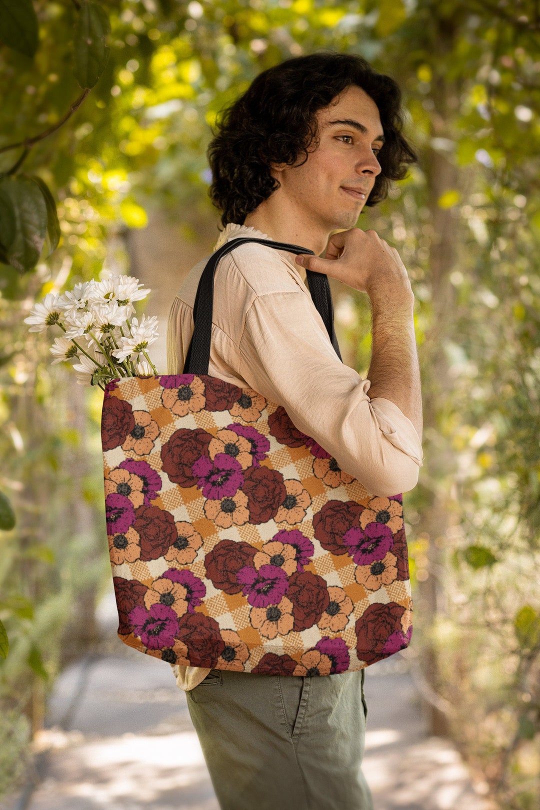 Gingham Poppy Print Tote Bag | Reusable Market Bag - Etsy
