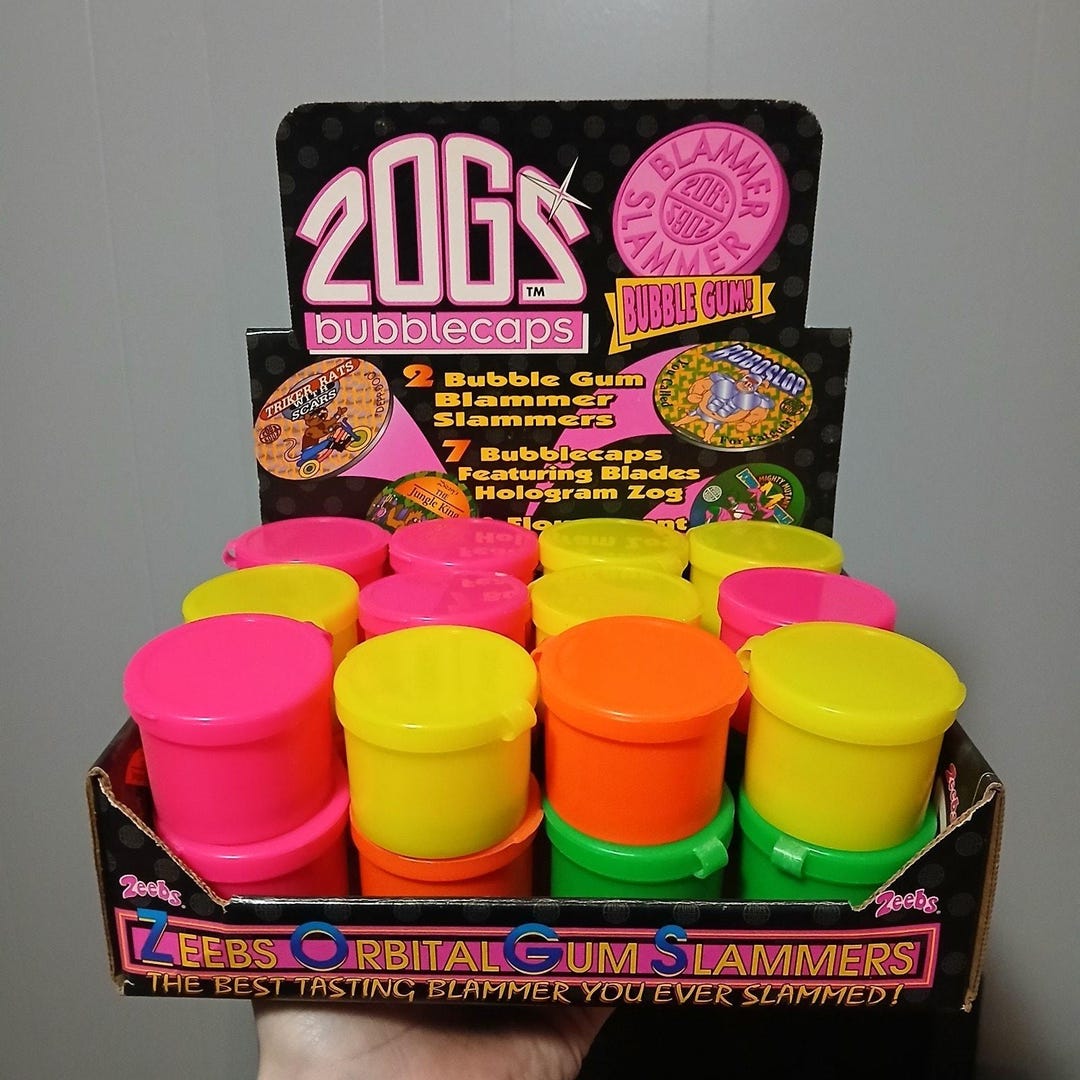 Vintage ZOGS Bubblecaps Full Display Case 24 Tubes Pogs Retro Caps ...