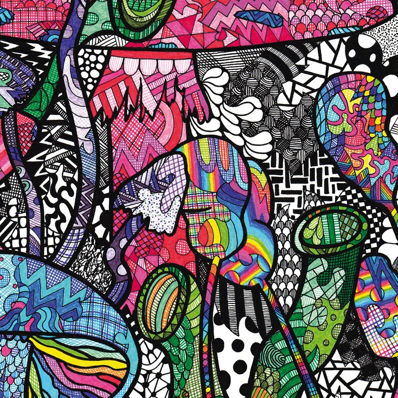 ABSTRACT MUSHROOMS DRAWING Pattern Art, Line Drawing A4 Art Print ...