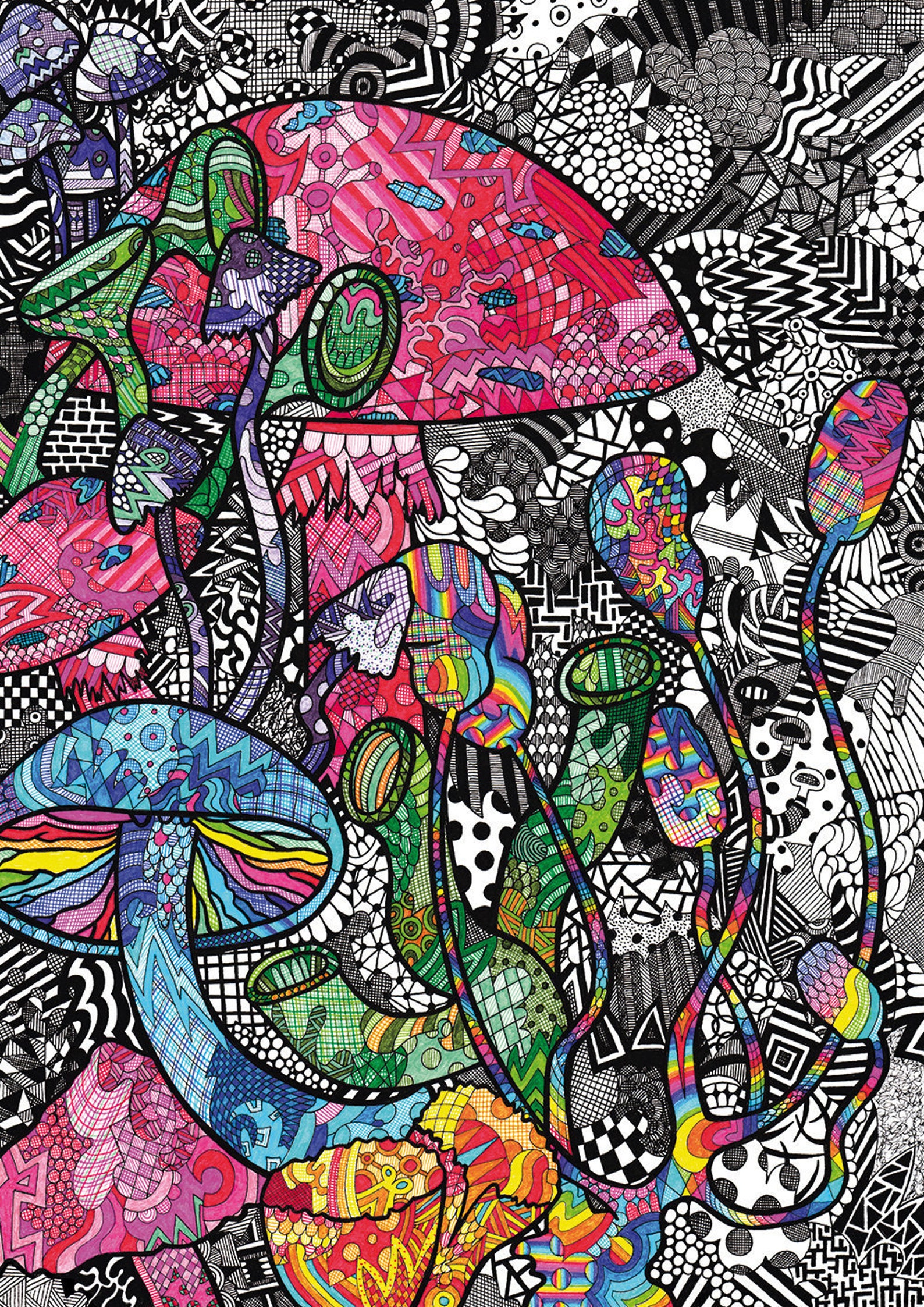 ABSTRACT MUSHROOMS DRAWING Pattern Art, Line Drawing A4 Art Print ...