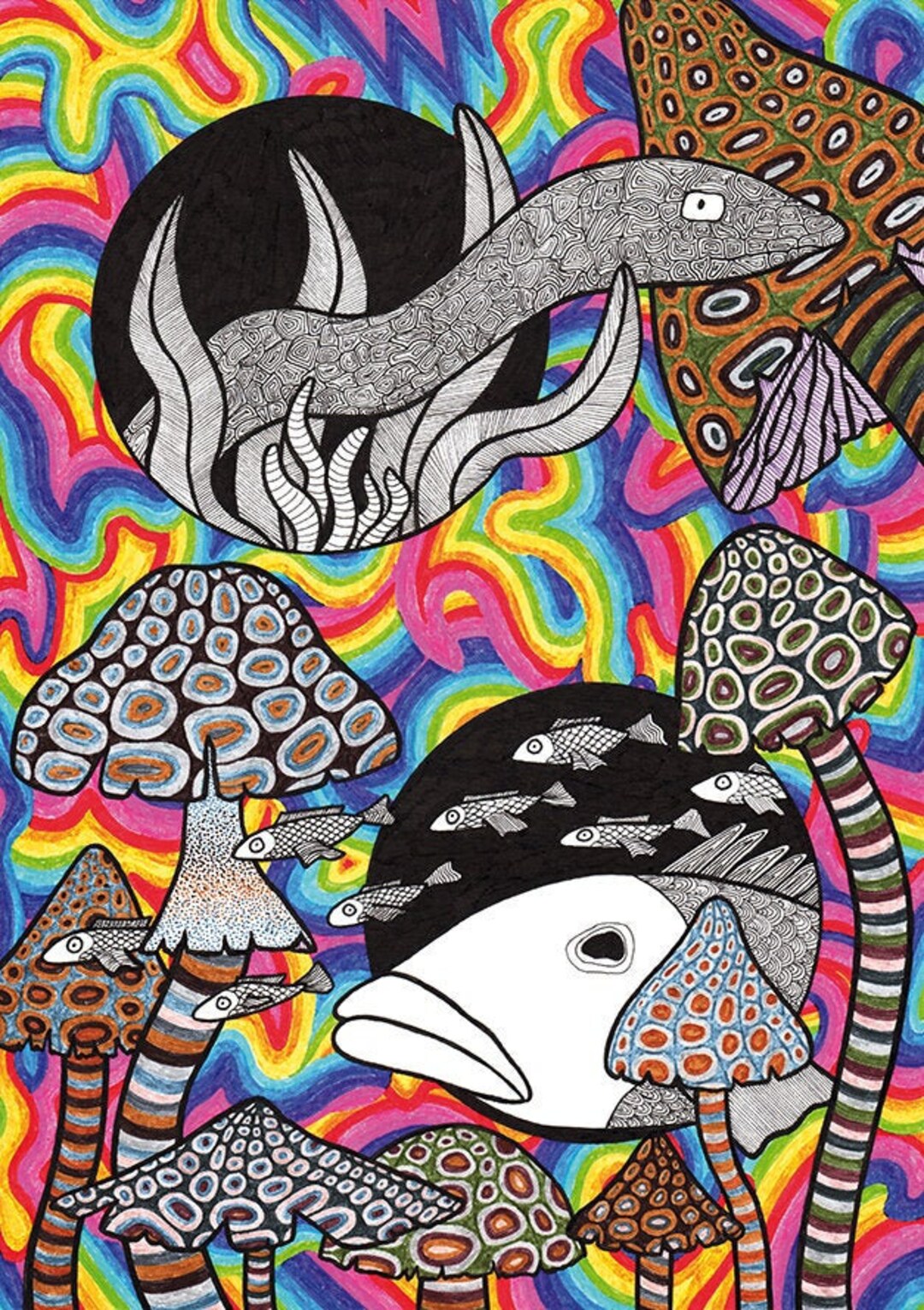 ABSTRACT MUSHROOMS DRAWING Pattern Art, Line Drawing A4 Art Printing ...