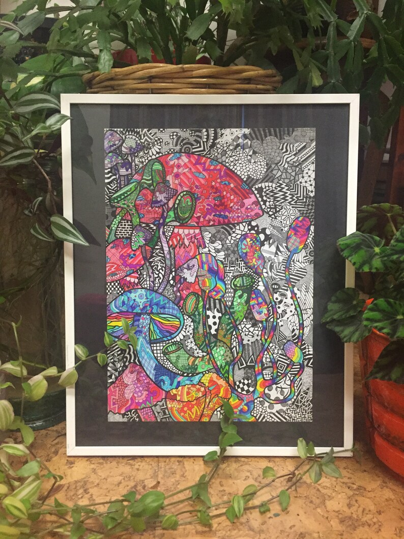 ABSTRACT MUSHROOMS DRAWING Pattern Art, Line Drawing A4 Art Print ...