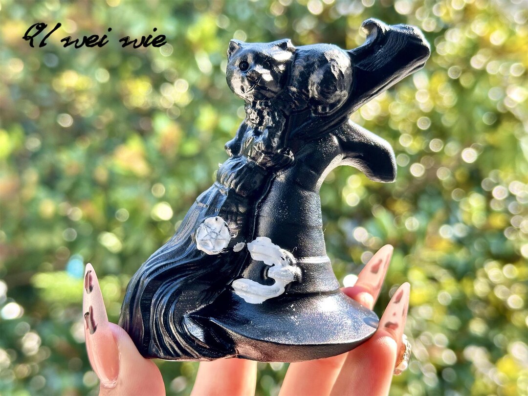 3.6" Natural Obsidian Hand Carved Witch Cat,crystal Quartz Skull,wizard ...