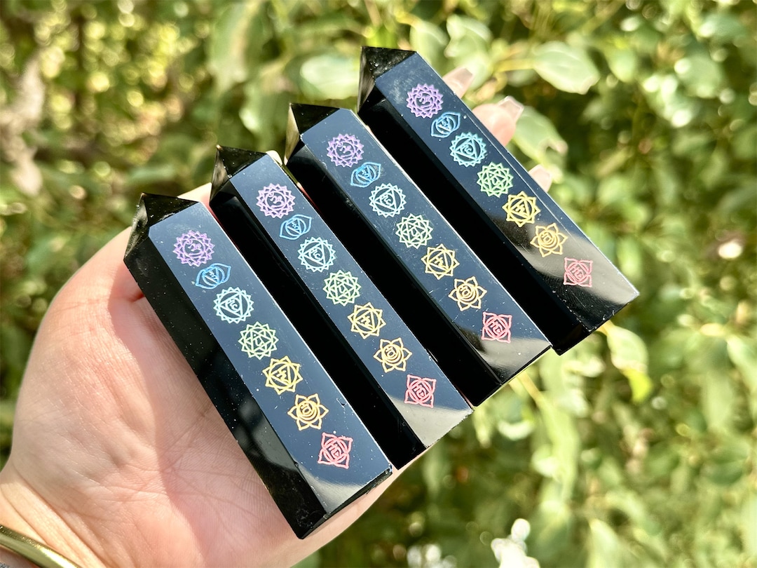 4" Natural Obsidian Hand Carved Seven Chakras Obelisk,crystal Quartz ...