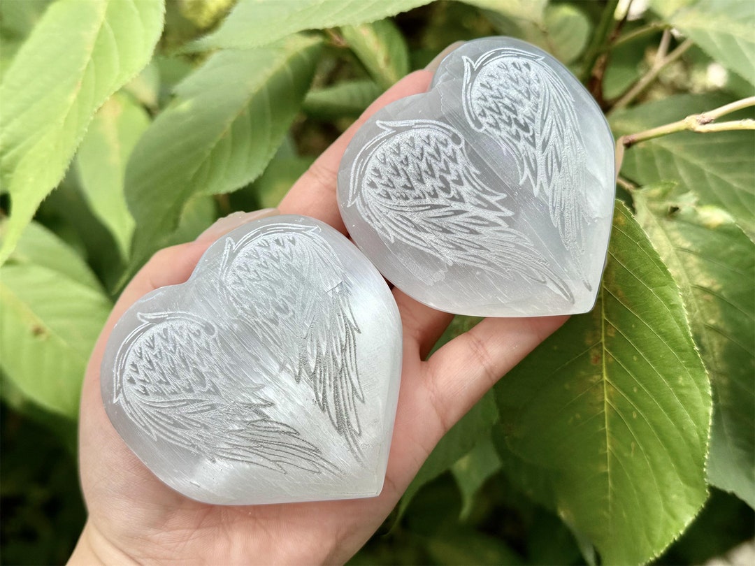 Gypsum Heart Stone Carving: Angel Wings, Reiki Healing Crystal - Etsy