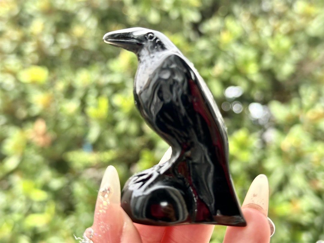 Obsidian Crow Carving: Natural Crystal Bird, Reiki Healing Decor (2.4 ...