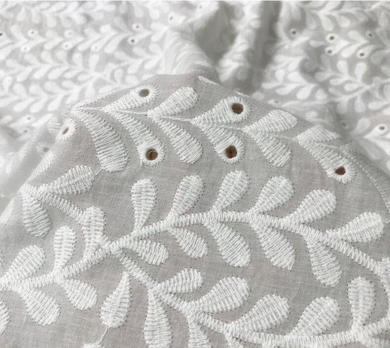 Leaf Pattern Cotton Lace Fabric, Cotton Embroidered Lace Fabric, Eyelet ...