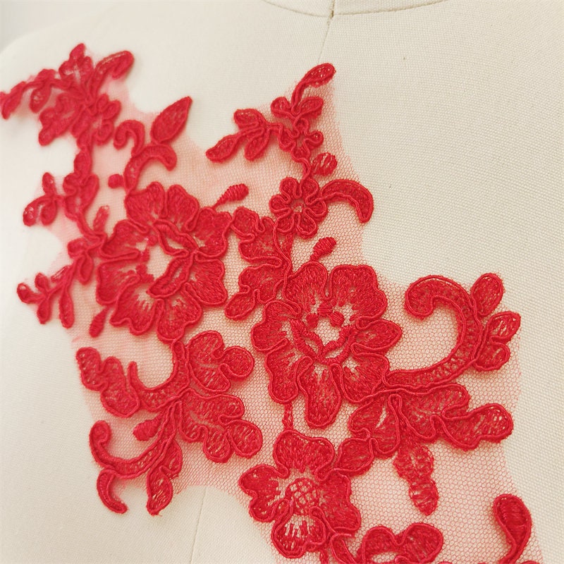 One Pair Red Applique Alencon Embroidered Corded Lace Applique for ...