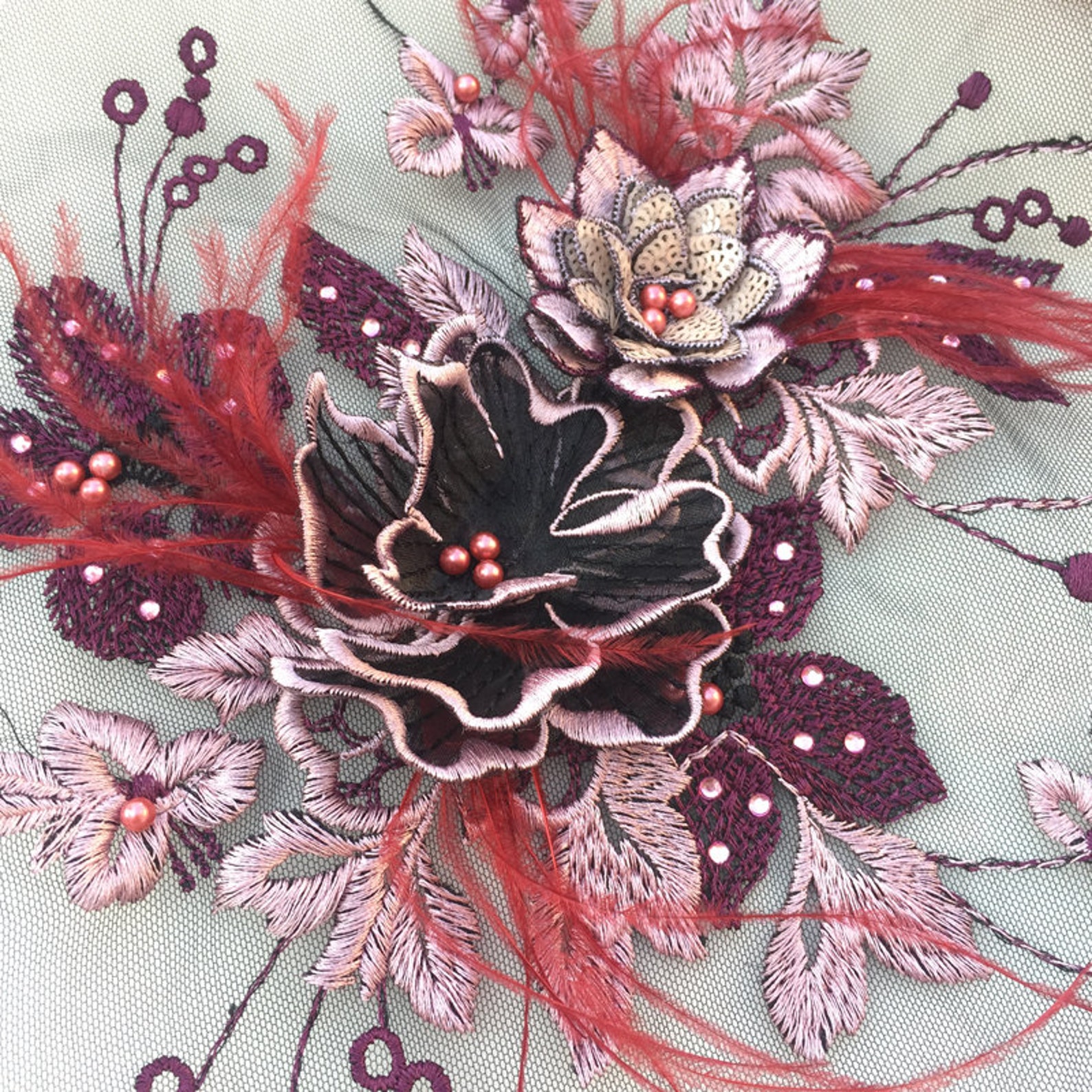 3D Flower Appliques Exquisite Beaded Applique Feather Lace - Etsy