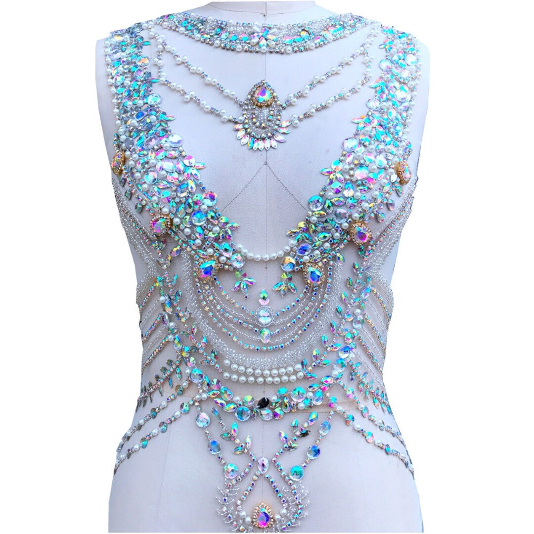 Gorgeous AB Color Rhinestone Beaded Applique Large Full Body Bodice ...