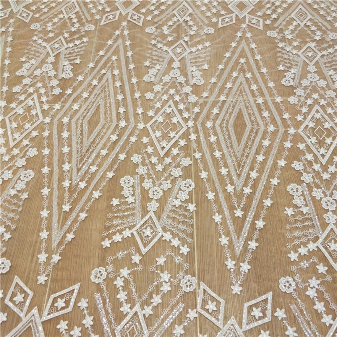 Stars Fabric, off White Geometric Mesh Lace Fabric, Sequined Stars ...