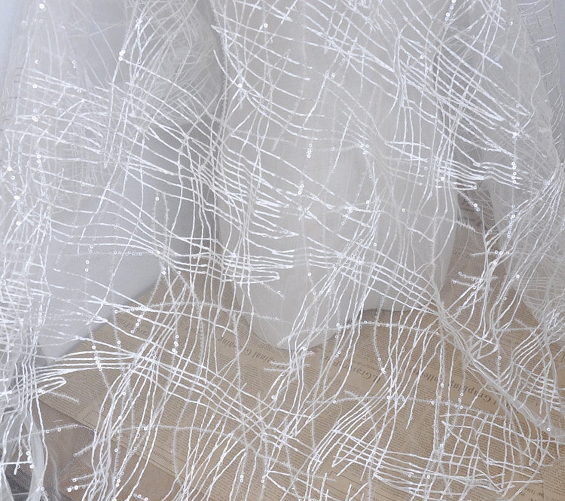 1 Yard White Sequins Lace Fabric With Irregular Line For | Etsy