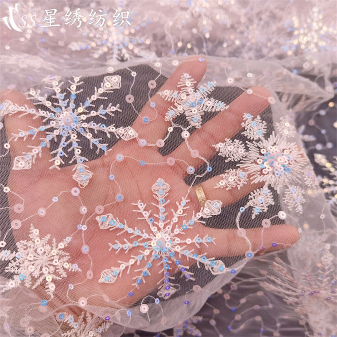 Exquisite Snowflake Embroidery Lace Fabric Snowflake Sequins Tulle Mesh ...