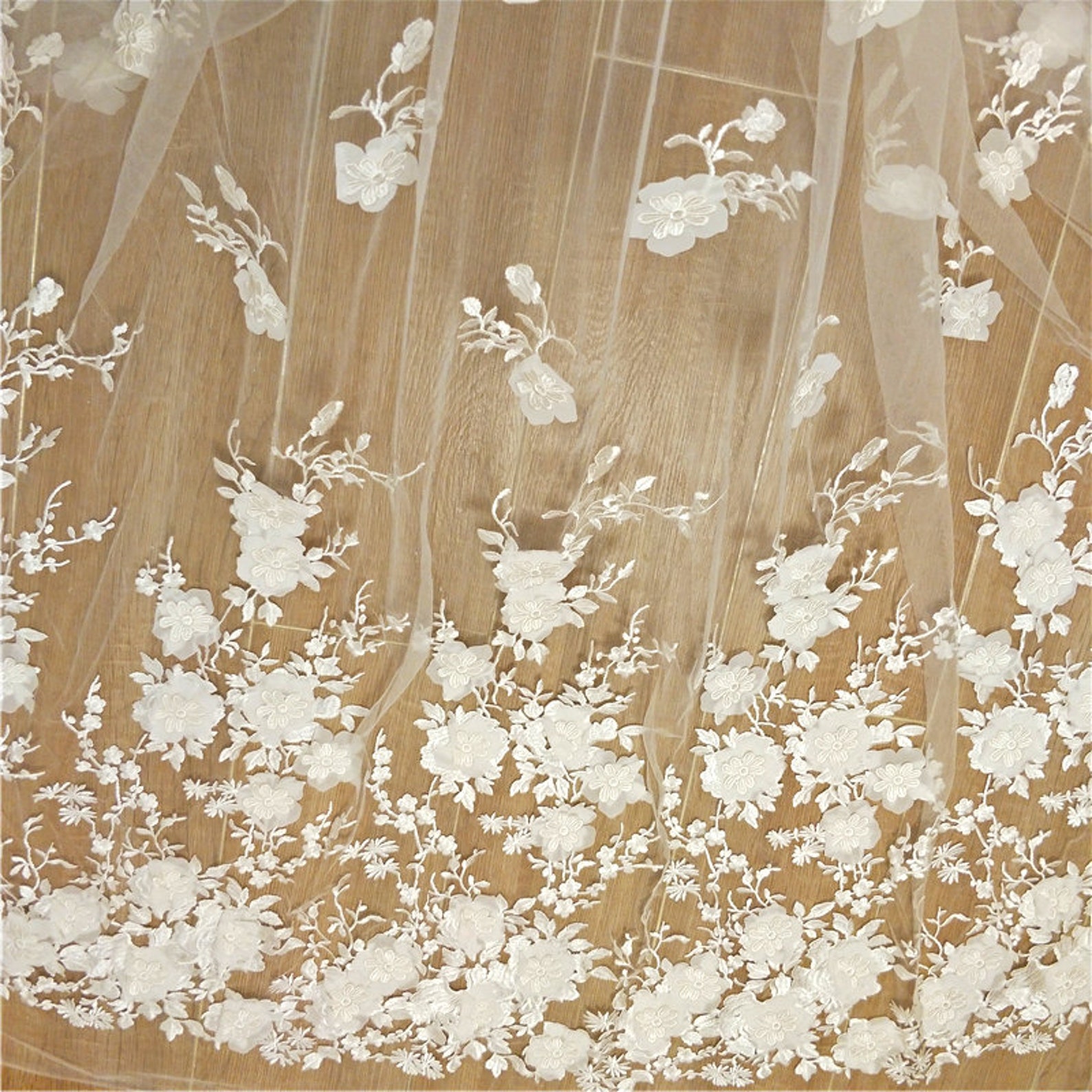 Beautiful 3D Chiffon Flower Lace Fabric Floral Embroidered Ivory Tulle ...