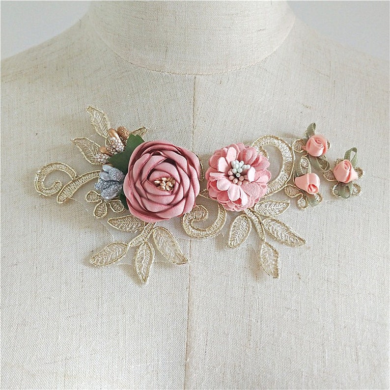 3D Pink Rose Lace Applique Gold Metallic Embroidered Mesh Lace - Etsy