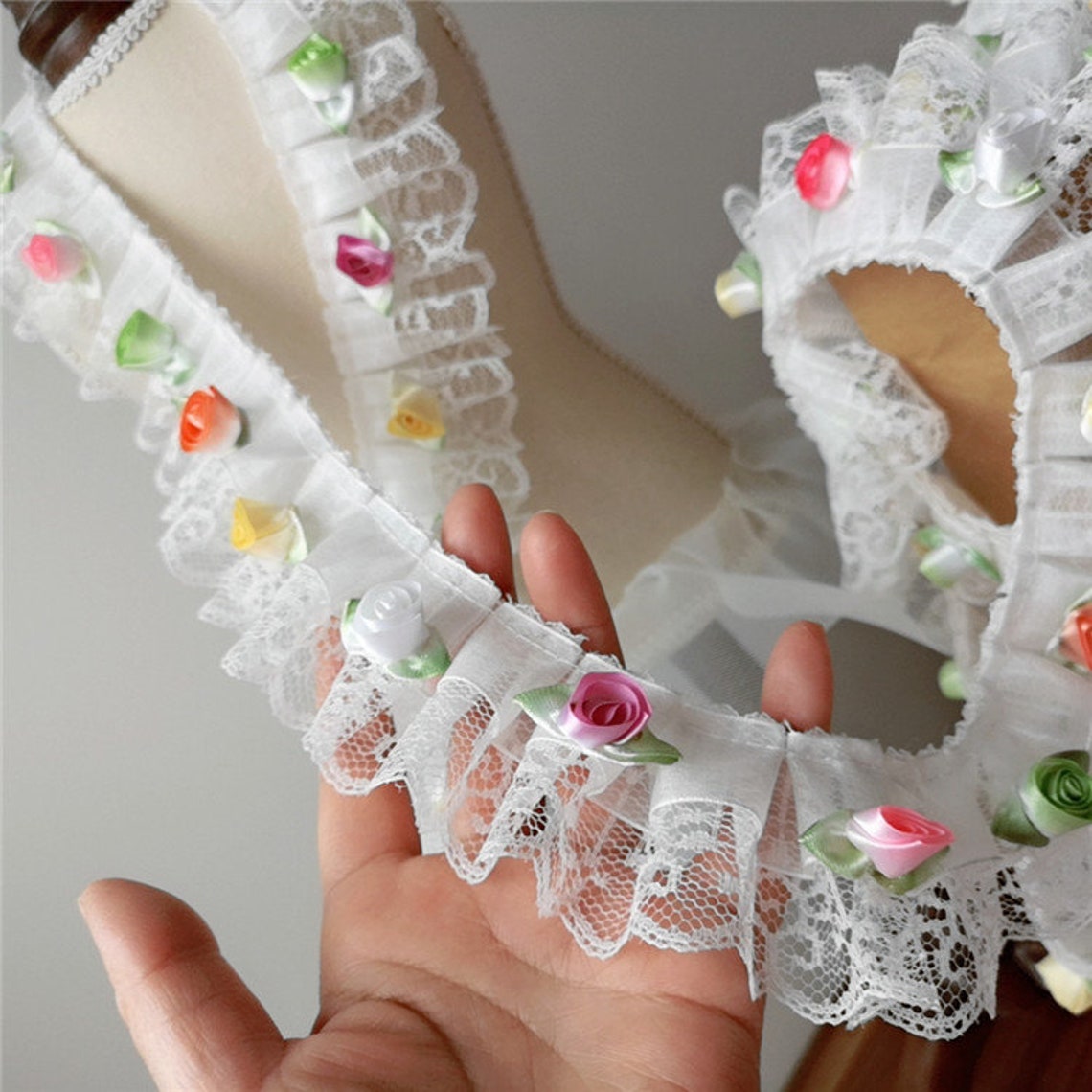 Colorful 3D Rose Lace Trim Ruffled Bridal Lace Baby Dress 1.9” Wide 2 ...