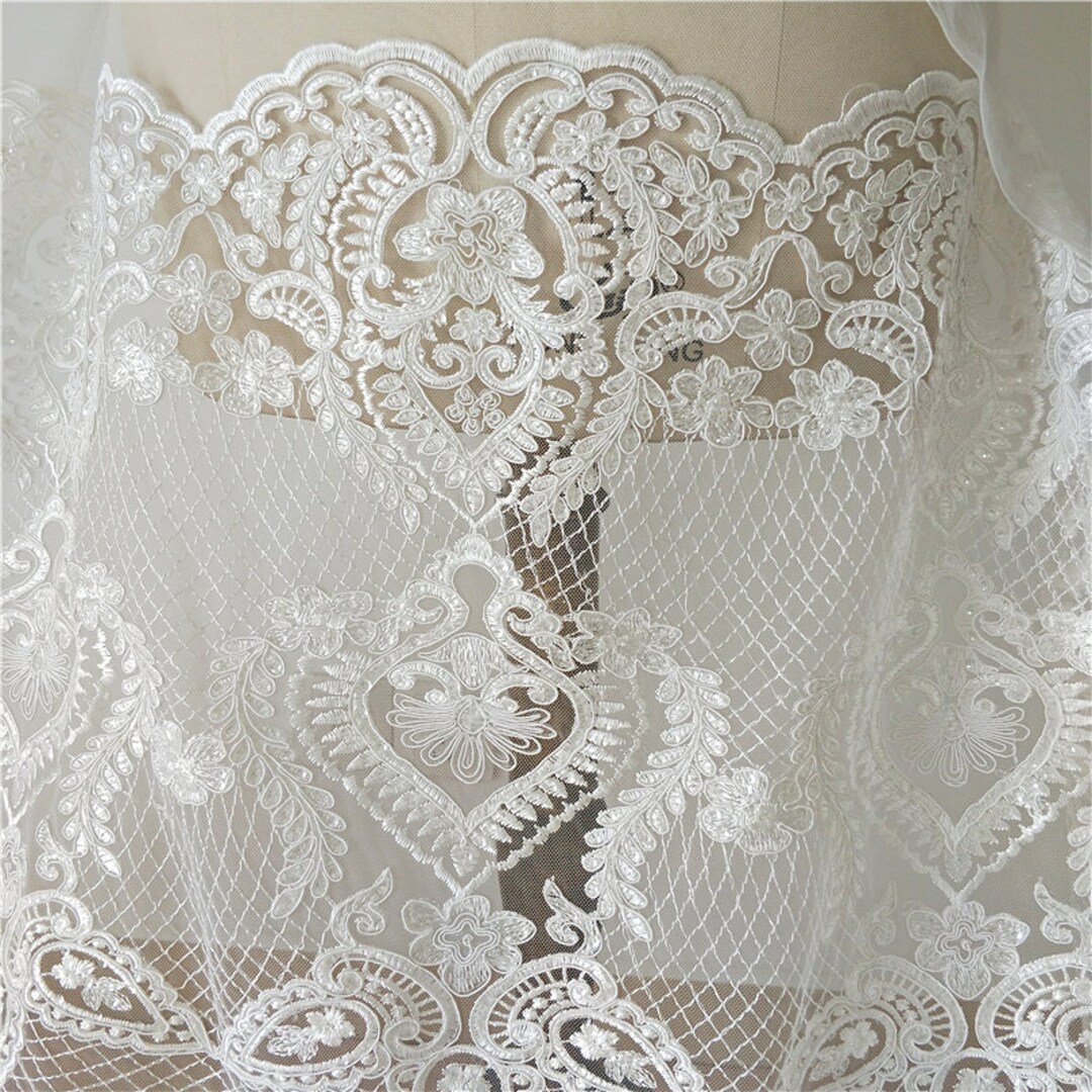 Off White Alencon Lace, Retro Grid Pattern Embroidery Wedding Lace ...