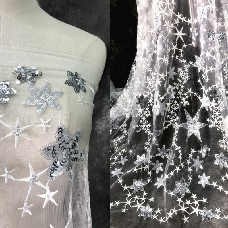 Silver Stars Tulle Fabric, Star Lace Fabric, Embroidered Lace Fabric ...