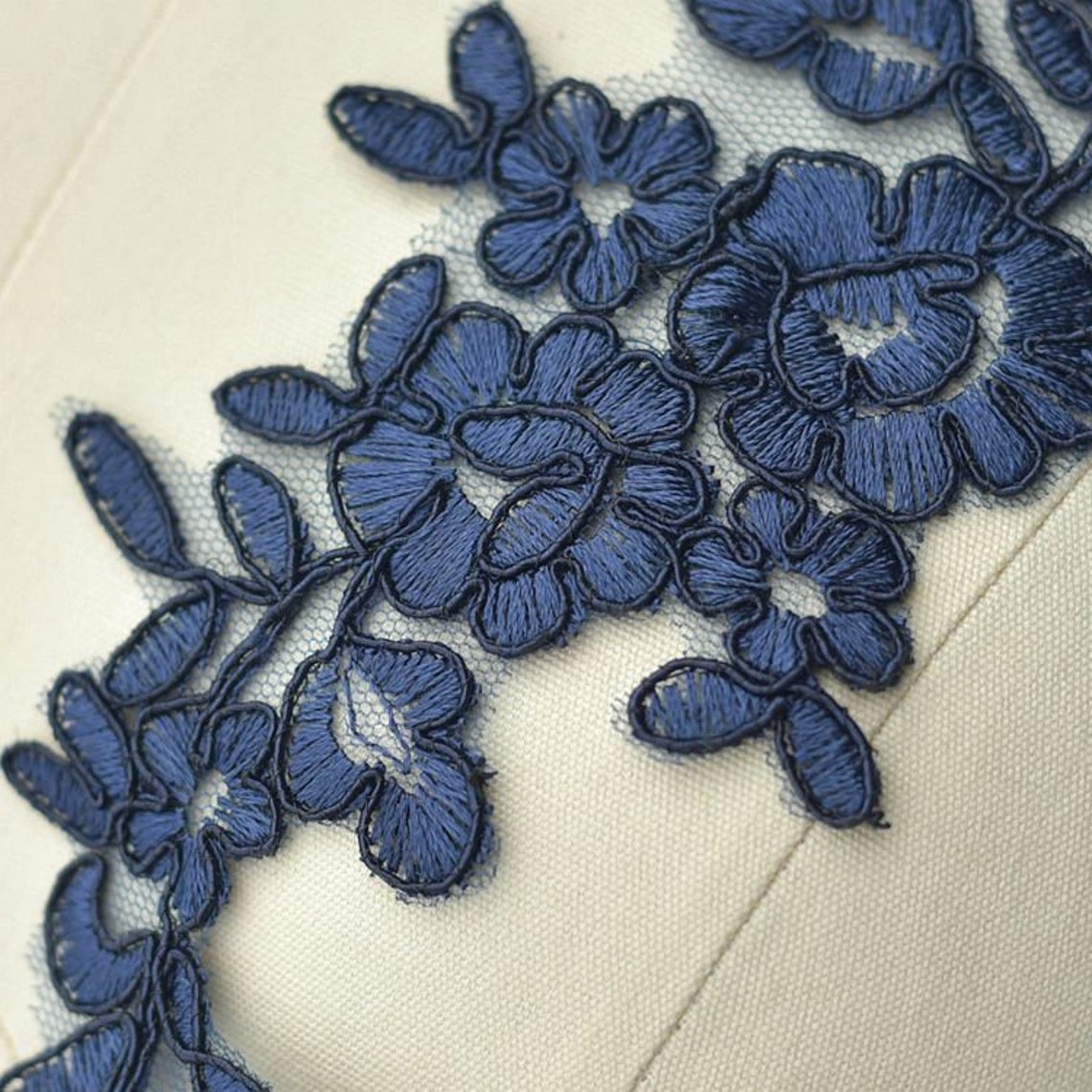 Navy Blue Lace Applique, Alencon Lace Applique With Cord, Floral Lace ...