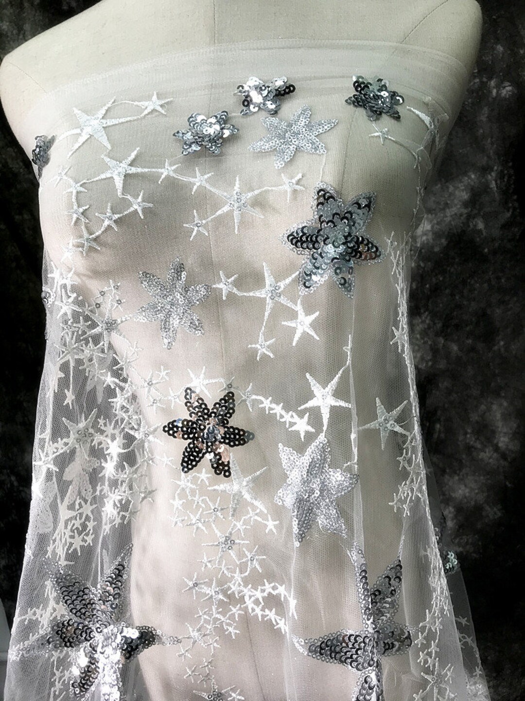 Silver Stars Tulle Fabric, Star Lace Fabric, Embroidered Lace Fabric ...