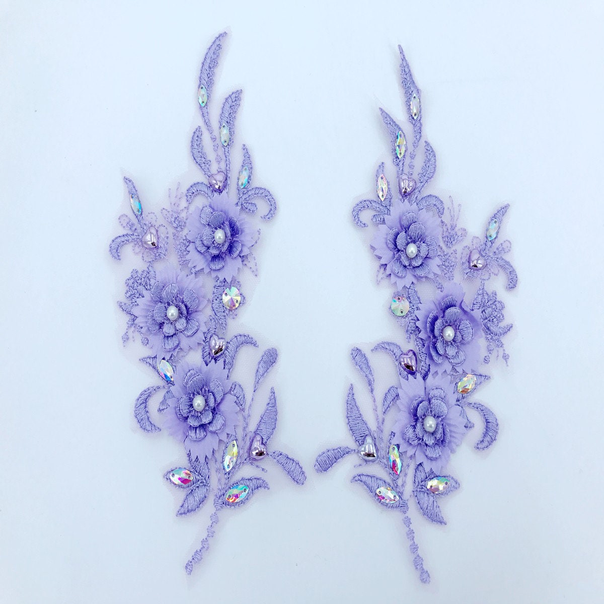 Pale Purple Lace Applique, 3D Flowers Beaded Appliques, Rhinestone ...