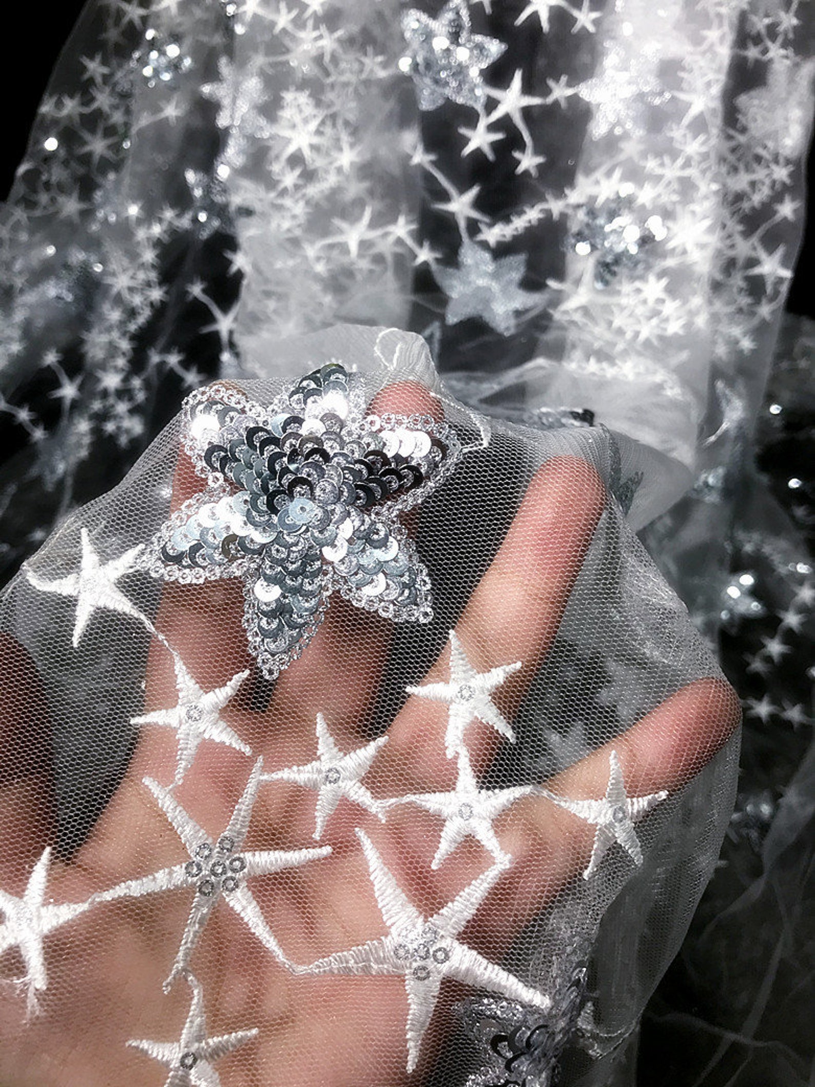 Silver Stars Tulle Fabric, Star Lace Fabric, Embroidered Lace Fabric ...