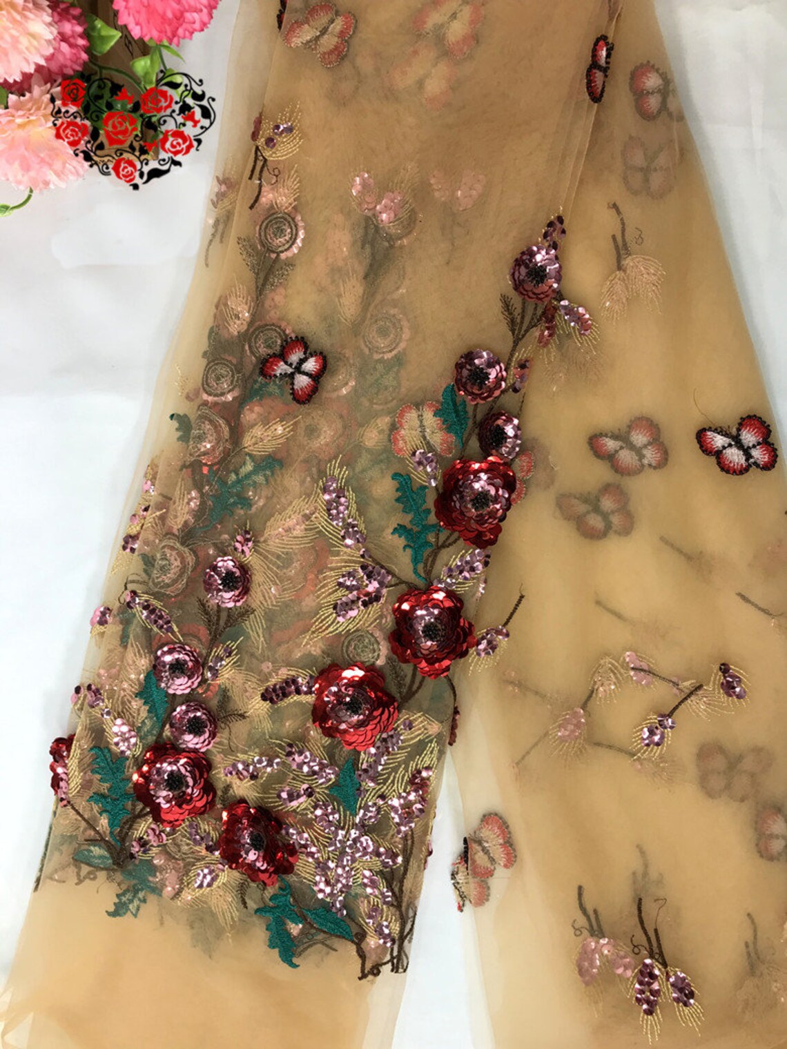 2020 Gorgeous Sequined 3D Red Rose Flower Lace Fabric Apricot - Etsy