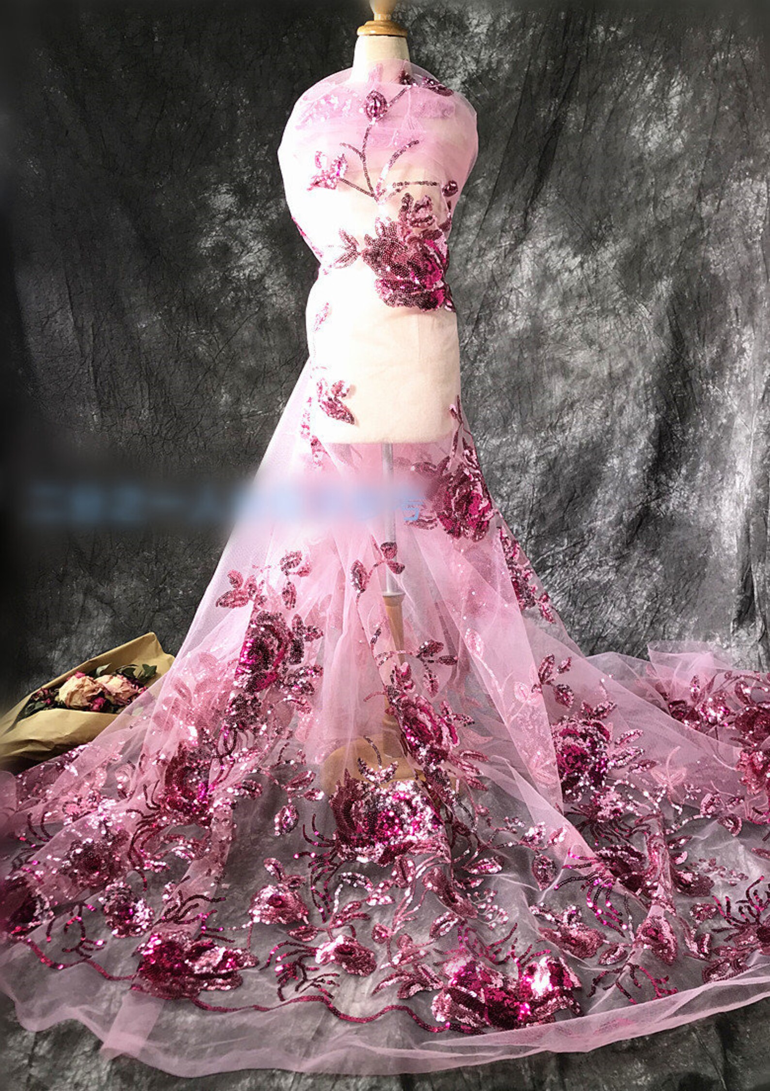 Luxury Pink Rose Lace Fabric Sequined Rose Tulle Fabric for - Etsy