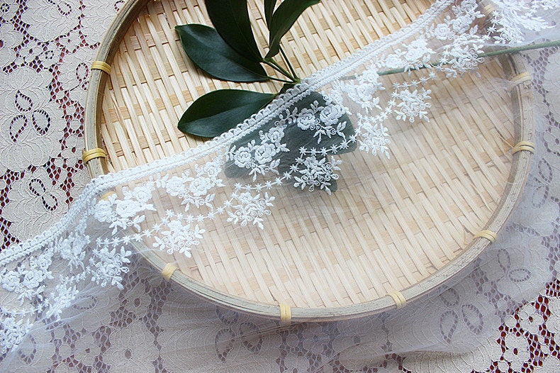 Rose Lace Trim White Delicate Embroidered Tulle Bridal Lace | Etsy