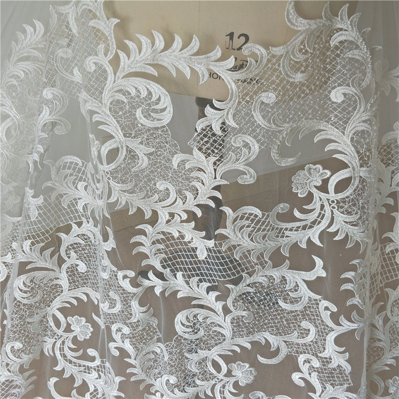 Bridal Fabric, off White Geometric Mesh Lace Fabric, Sequined Beaded ...