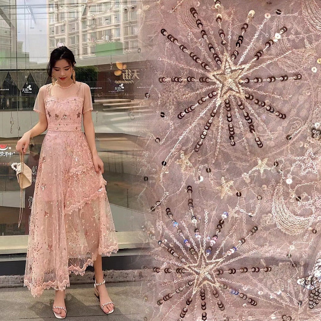 7 Colors Sequin Star Moon Lace Fabric Exquiste Embroidery Tulle Fabric ...