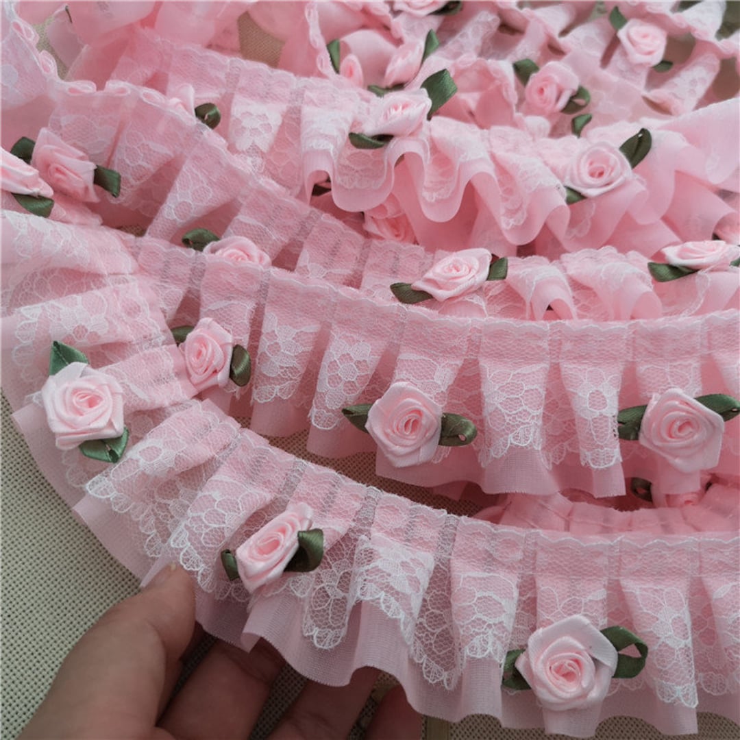 Exquisite Ruffled 3D Rose Lace Trim Chiffon Pleated Pink Lace 1.9